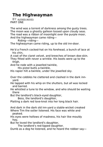 'The Highwayman' Literature Study | Teaching Resources