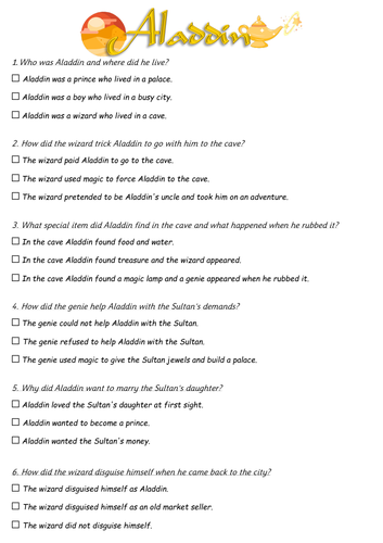 Aladdin Fairy Tale Reading Comprehension | Teaching Resources