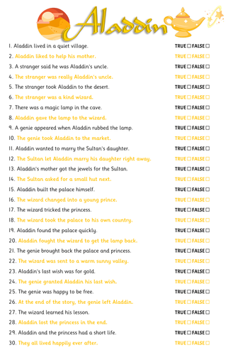 Aladdin Fairy Tale Reading Comprehension | Teaching Resources
