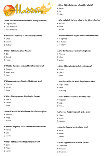 Aladdin Fairy Tale Reading Comprehension | Teaching Resources