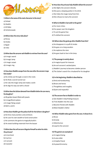 Aladdin Fairy Tale Reading Comprehension | Teaching Resources
