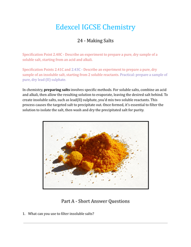 Edexcel IGCSE Chemistry Worksheet 24 - Making Salts | Teaching Resources