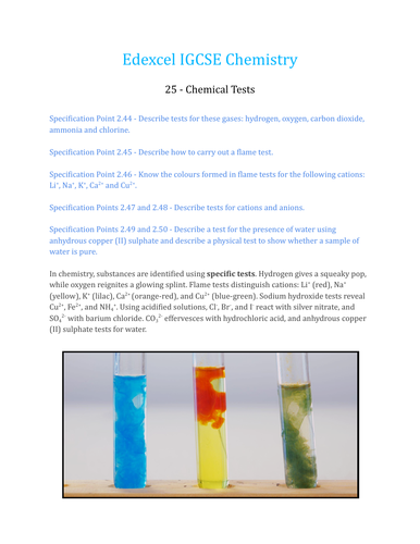 Edexcel IGCSE Chemistry Worksheet 25 - Chemical Tests | Teaching Resources