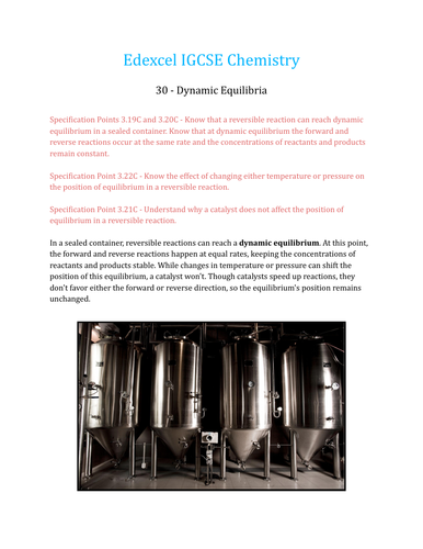 Edexcel IGCSE Chemistry Worksheet 30 - Dynamic Equilibria | Teaching ...