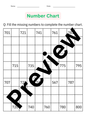 Number Chart 1 to 1000 - Missing Number Math Worksheets for Grade 1, 2 ...