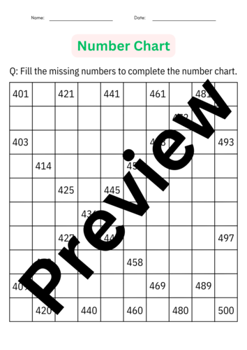 Number Chart 1 to 1000 - Missing Number Math Worksheets for Grade 1, 2 ...