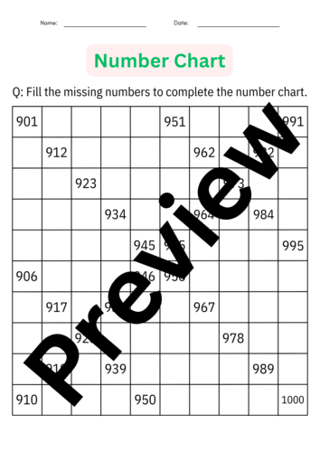 Number Chart 1 to 1000 - Missing Number Math Worksheets for Grade 1, 2 ...