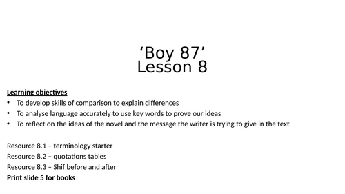 'Boy 87' Novel KS3 Scheme of Learning | Teaching Resources