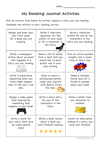 Reading Journal Activities Worksheet | Teaching Resources