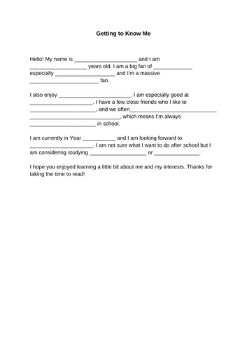 Identity Project - First week back - Ice Breaking - Getting to know you ...