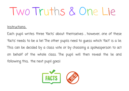 Back to School: Two Truth & One Lie. Teamwork / Icebreaker. Primary and Secondary Pupils ...