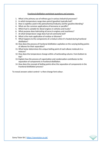 Fractional Distillation Ks4 Worksheet Questions And Answers Teaching Resources