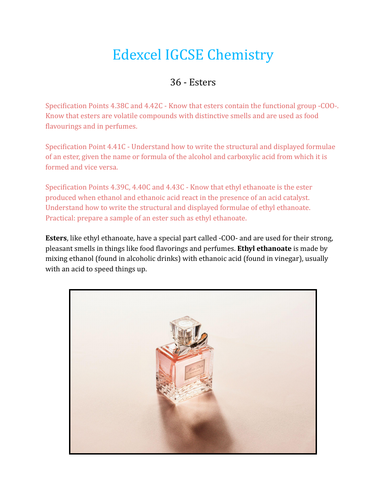 Edexcel IGCSE Chemistry Worksheet 36 - Esters | Teaching Resources