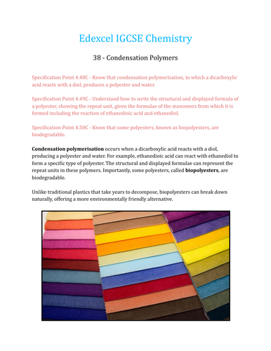 Edexcel Igcse Chemistry Worksheet 38 Condensation Polymers Teaching Resources