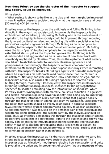 An Inspector Calls grade 9 essay - "Use of the Inspector to suggest ...