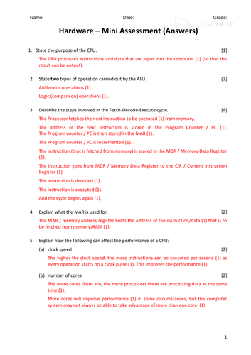 Igcse Computer Science Unit 3 Hardware Mini Assessment Teaching