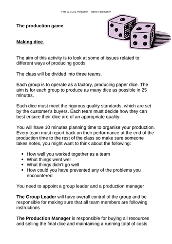 Methods of production (Dice Game) (Lesson 1) - GCSE Business | Teaching ...