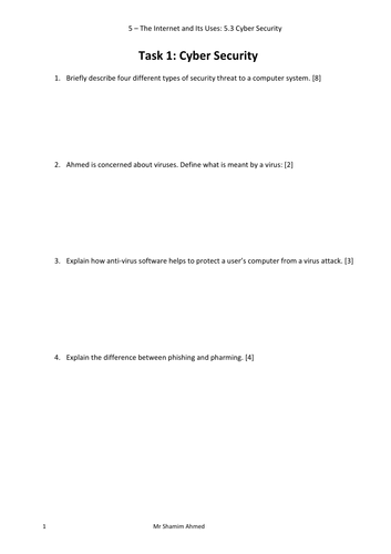 iGCSE Computer Science - Unit 5 The Internet and It Uses - 5.3 Cyber Security | Teaching Resources