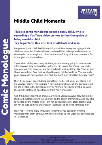 Comic Monologue - Middle Child Moments | Teaching Resources