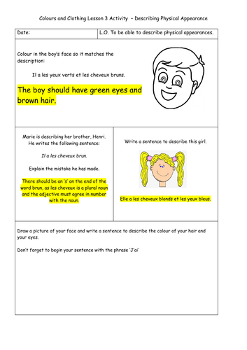KS2 French Colours and Clothing Lesson 3 - Describing Appearances ...