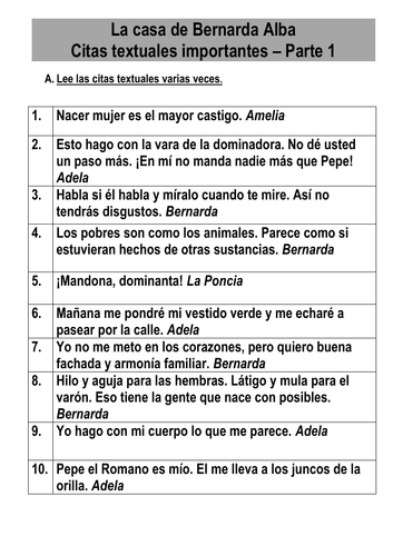 LA CASA DE BERNARDA ALBA - CITAS PARTE 1 | Teaching Resources