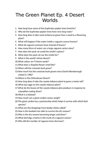 The Green Planet Ep.4 Worksheet | Teaching Resources