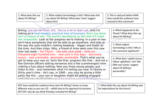 Mr Birling speech analysis task Act 1 | Teaching Resources