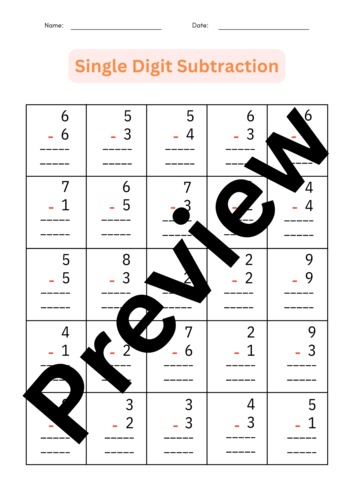 printable single digit Subtraction 1 to 10 Number Math Worksheets for ...