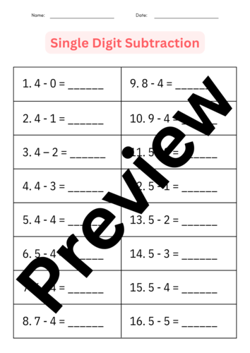 printable single digit Subtraction 1 to 10 Number Math Worksheets for ...