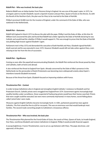 Edexcel GCSE History: 2.1 Plots and Revolts at Home. Early Elizabethan ...