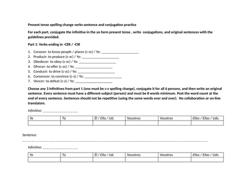 Present tense spelling change verbs sentence and conjugation practice ...