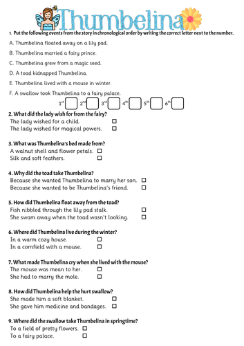 Thumbelina Reading Comprehension | Teaching Resources