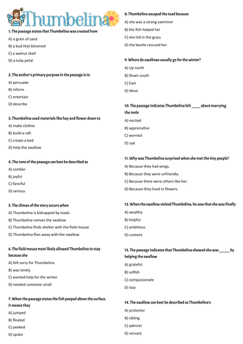 Thumbelina Reading Comprehension | Teaching Resources