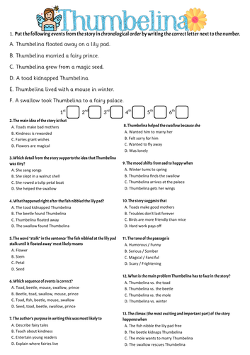 Thumbelina Reading Comprehension | Teaching Resources