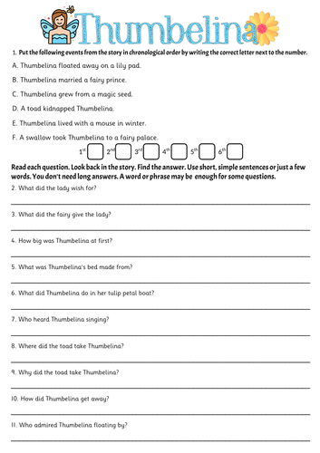 Thumbelina Reading Comprehension | Teaching Resources