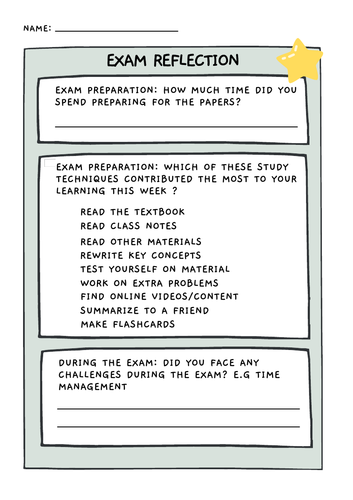 Exam Reflection Sheet | Teaching Resources