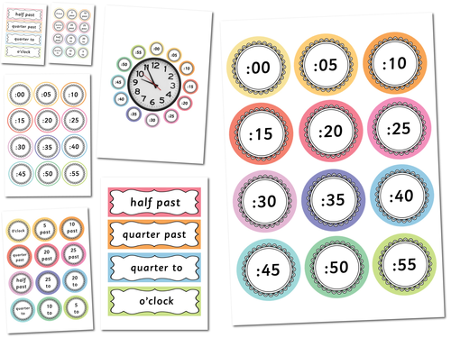 Pastel Rainbow Clock labels - Telling the time labels - 2 Themes ...