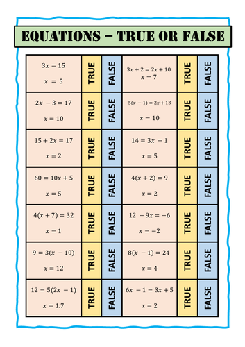 Solving Linear Equations - True or False | Teaching Resources