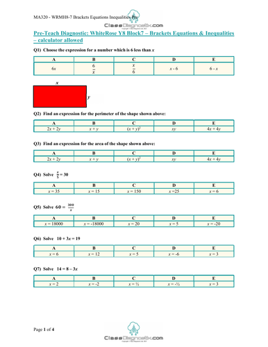 White Rose Maths Y8 Pre-Teach Diagnostic Tests | Teaching Resources