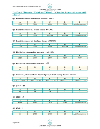 White Rose Maths Y8 Pre-Teach Diagnostic Tests | Teaching Resources