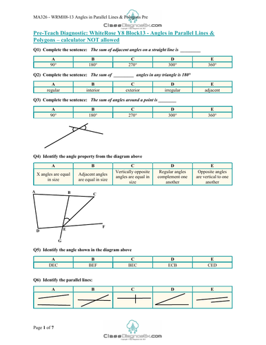 White Rose Maths Y8 Pre-Teach Diagnostic Tests | Teaching Resources