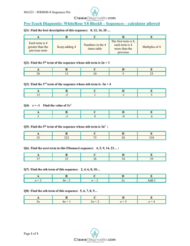 White Rose Maths Y8 Pre-Teach Diagnostic Tests | Teaching Resources