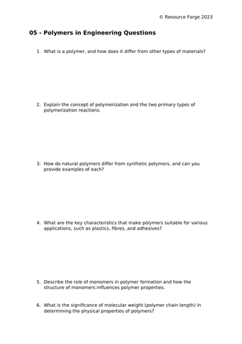 Engineering Materials question and answer pack (5 sets of 10 questions ...