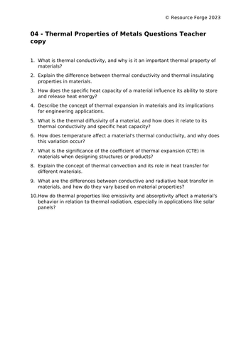 Engineering Materials question and answer pack (5 sets of 10 questions ...
