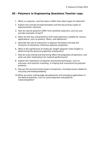 Engineering Materials question and answer pack (5 sets of 10 questions ...