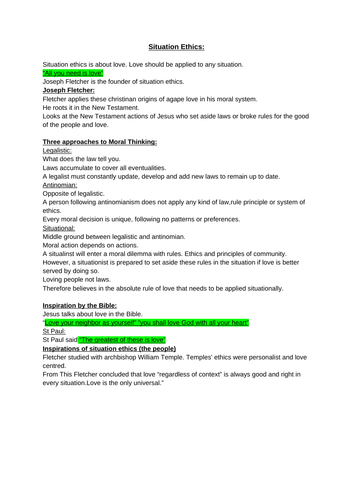 OCR Religious Studies A Level Ethics A* KEY NOTES Ethics - Situation ...