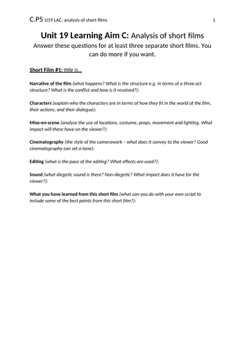 BTEC L3 Creative Digital Media Production: Unit 19 Scripwriting (Learning Aim C resources ...