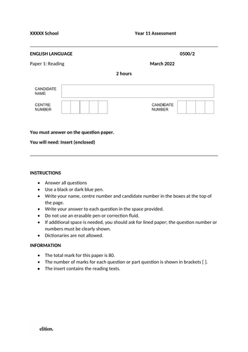 CIE IGCSE 0500 'Flying High' Language Paper 1 With Mark Scheme ...