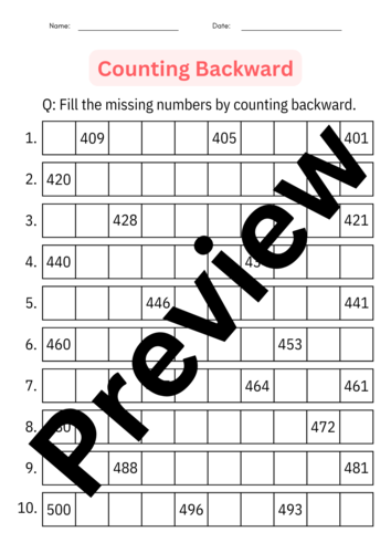 printable Counting Backward 1 to 500 Number Math worksheet for grade 1 ...