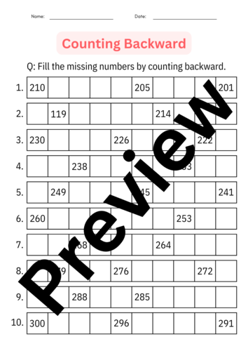 printable Counting Backward 1 to 500 Number Math worksheet for grade 1 ...